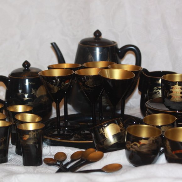 Dining | Vintage Asian Fuji Japan Lacquerware Tea Set 34 Pieces Cordial ...